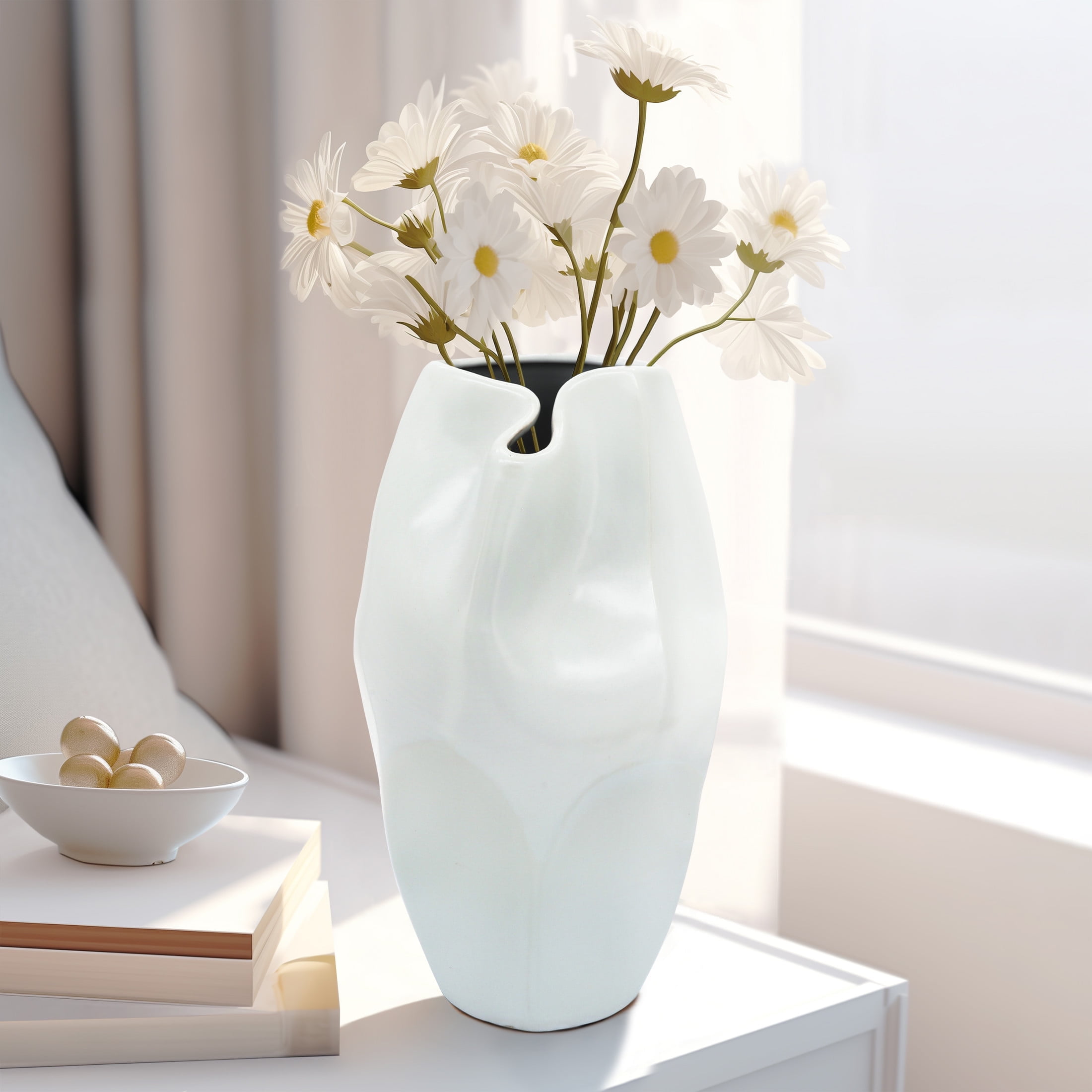 14" Ceramic Vase - Abstract White Glass Vase - Contemporary Decorative ...