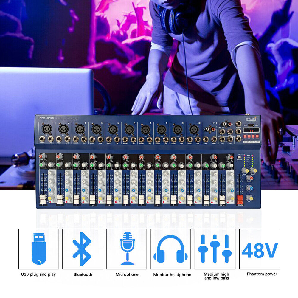 14-Channel Live Audio Sound Mixer Function Recording DJ Mixing W/ BT ...