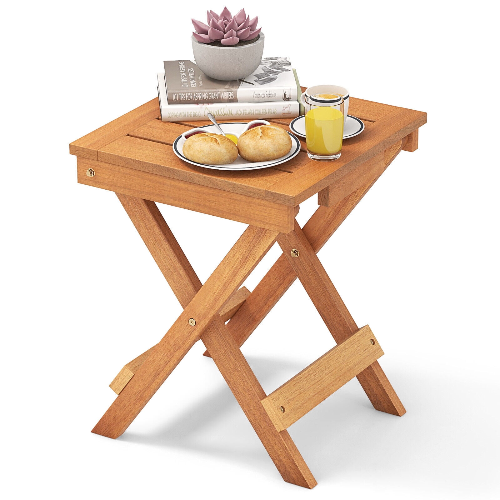 14" Compact Folding Side Table w/ Slatted Tabletop Stable Triangular ...
