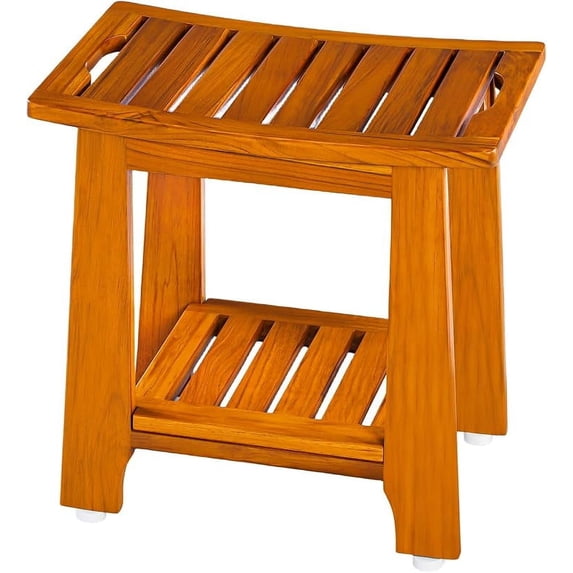 14" Compact Teak Shower Stool with Shelf & Handle - Waterproof, Non ...