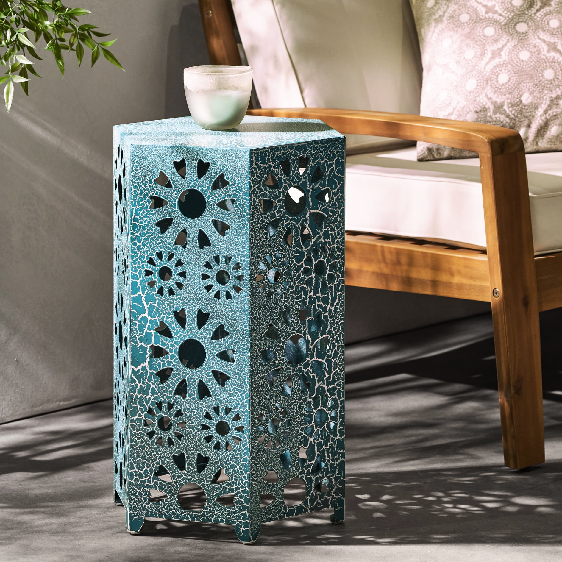 14" Cut Out Side Table In Teal Iron - For Patio, Drink And Snack Design For With Place Drinks ...