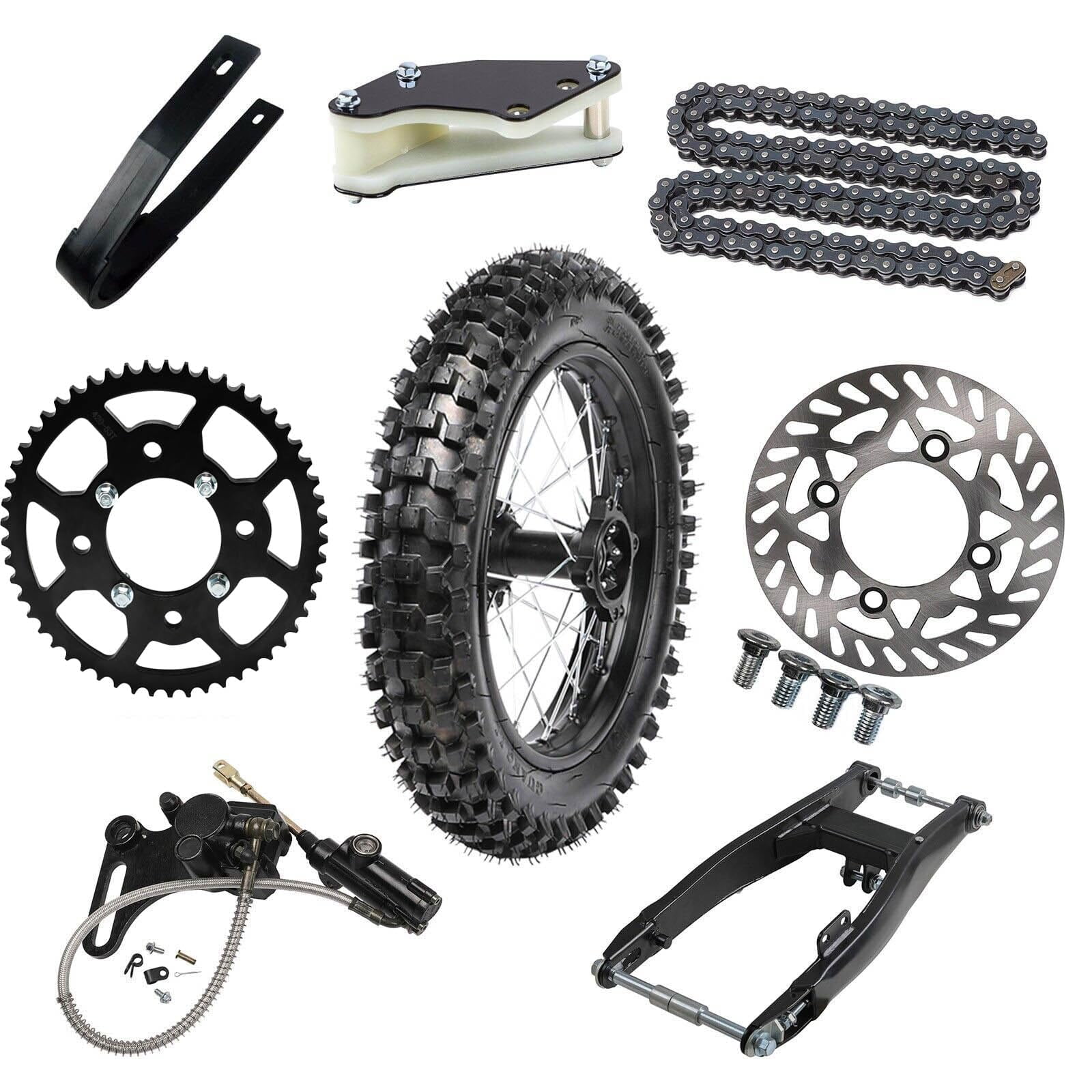 14" Dirt Bike Rear Wheel 90/100-14 Tire on Rim + Disc Brake Caliper Assembly + Metal Swing Arm ...