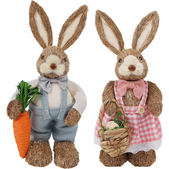 14" Easter Bunny Decorations, Set of 2 Rustic Straw Rabbit Figurines ...