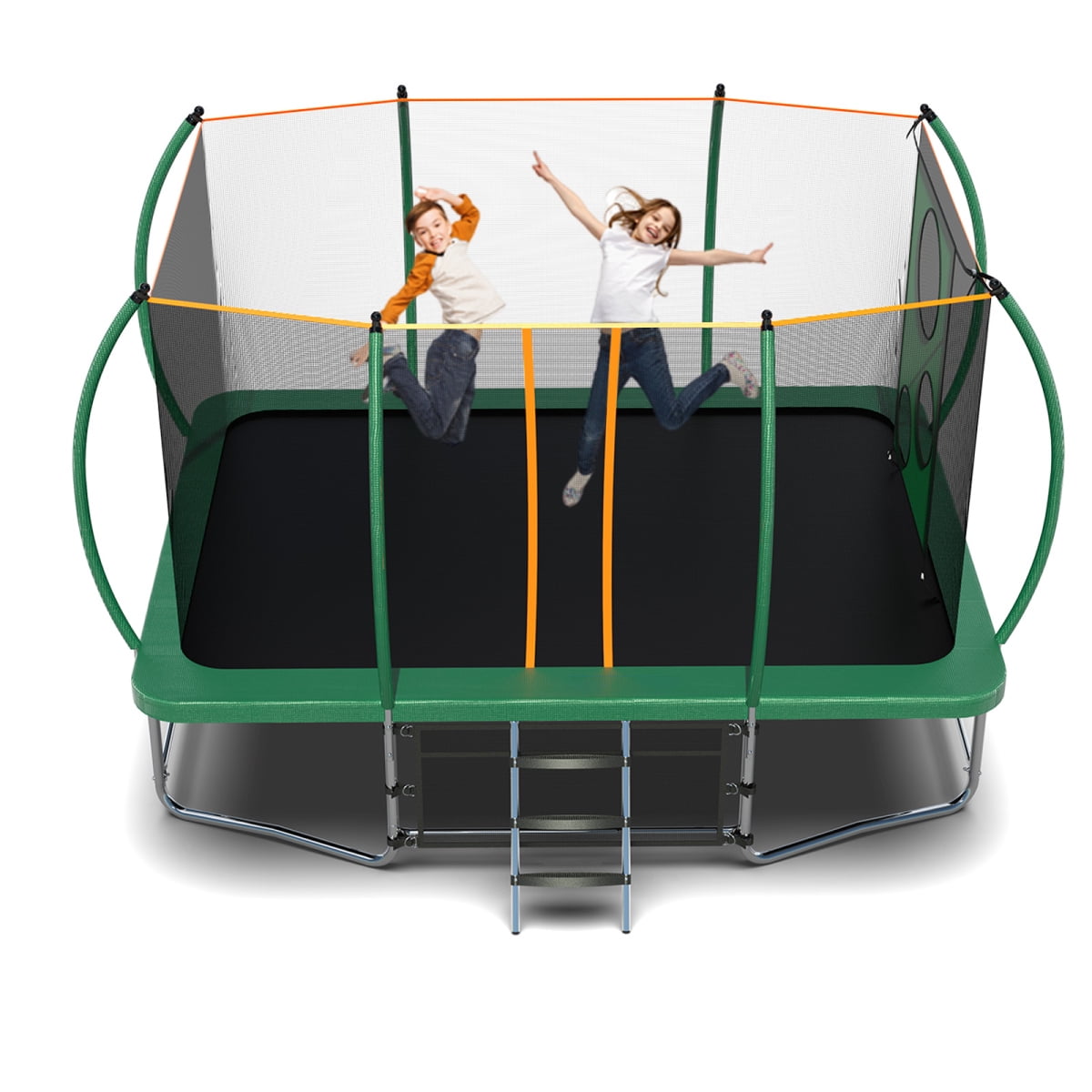 14 FT Trampoline, Rectangle Trampoline with 3 Steps Ladder, Built-in 4 ...