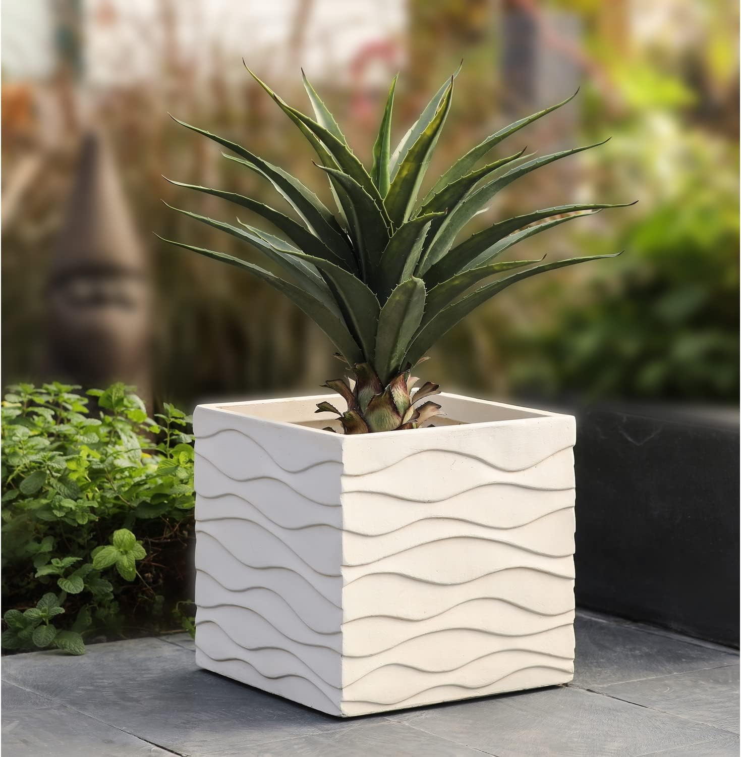 14" Fiber Stone Square Planter Pots, White Wave Design Planter, Large ...