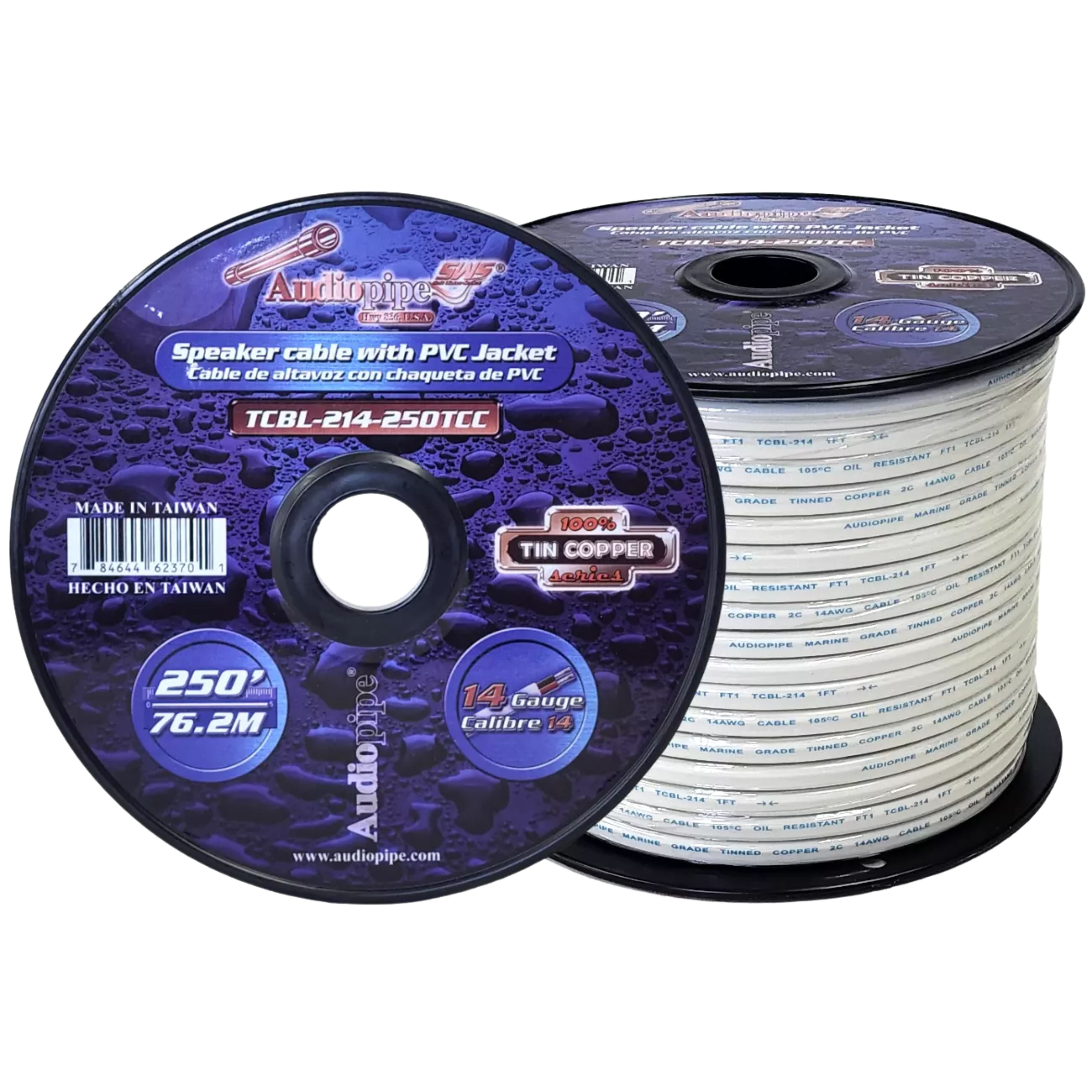 14 GA 250Ft AWG White PVC Jacketed 100% Tin Copper AudioPipe Speaker ...