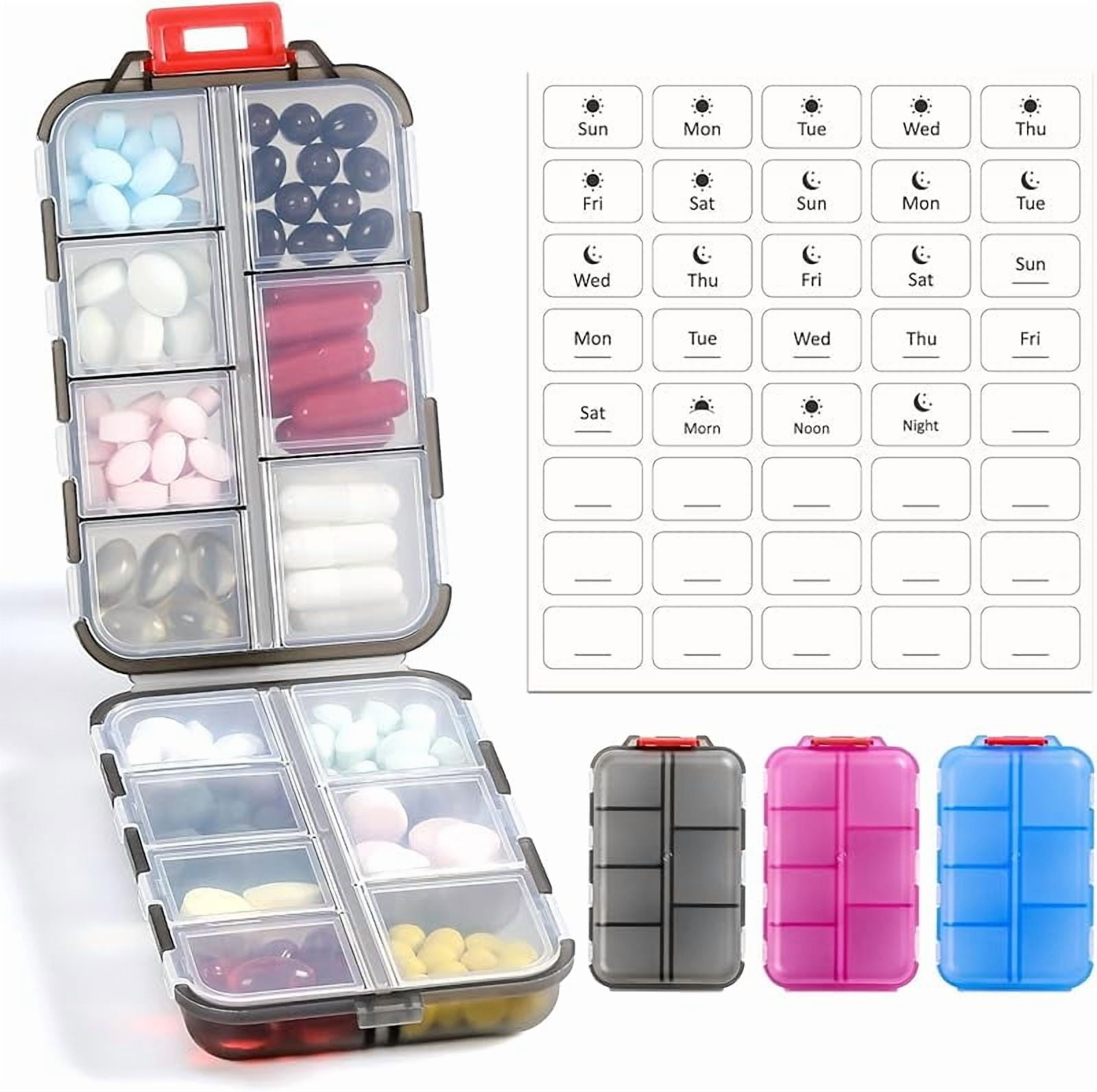 14 Grids Pill Organizer Box with Labels, Travel Medication Holder ...