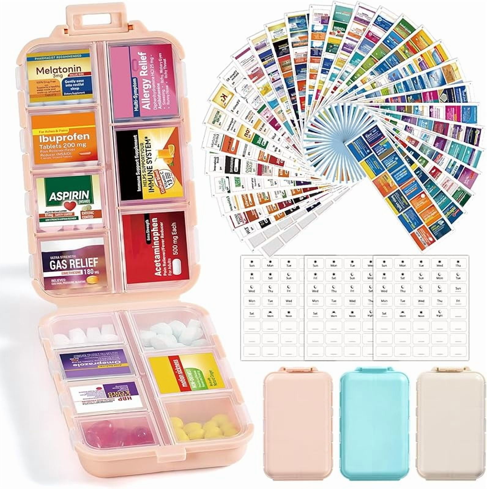 14 Grids Pill Organizer Box with Labels, Travel Medication Holder ...