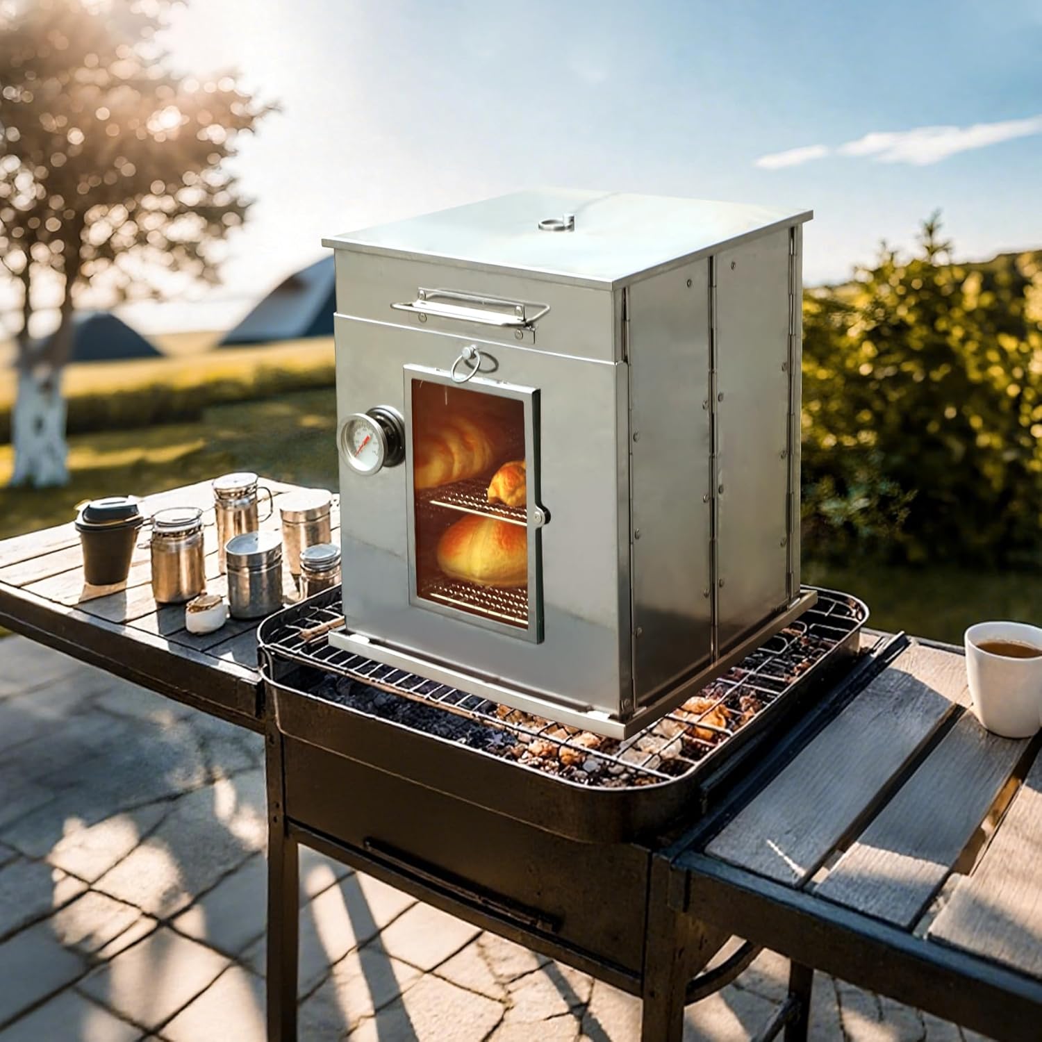 14 Inch Foldable Camping Oven with 2 Tier Grill Stainless Steel ...
