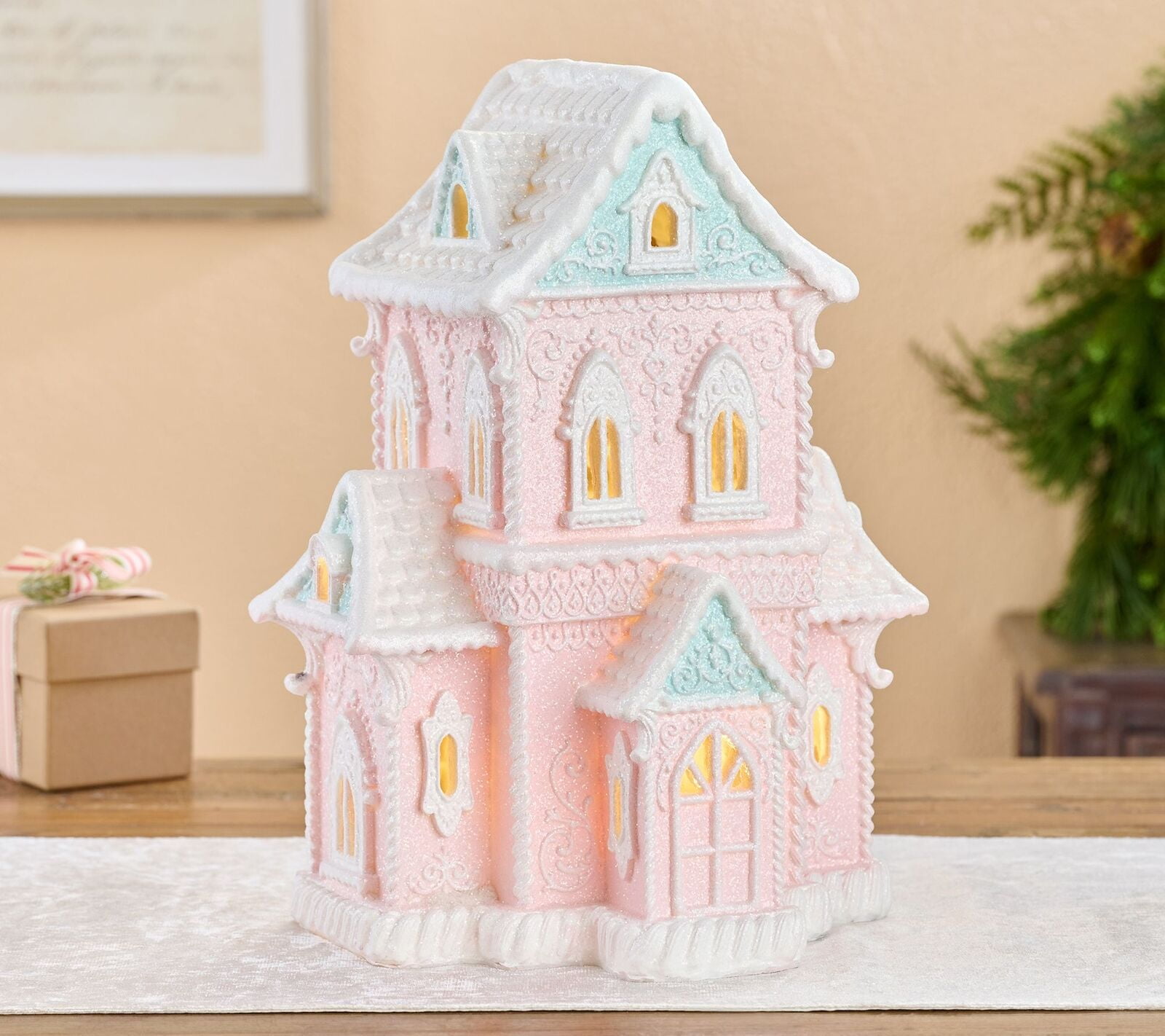 14" Illuminated Gingerbread Lace Bed and Breakfast by Valerie in Pink ...