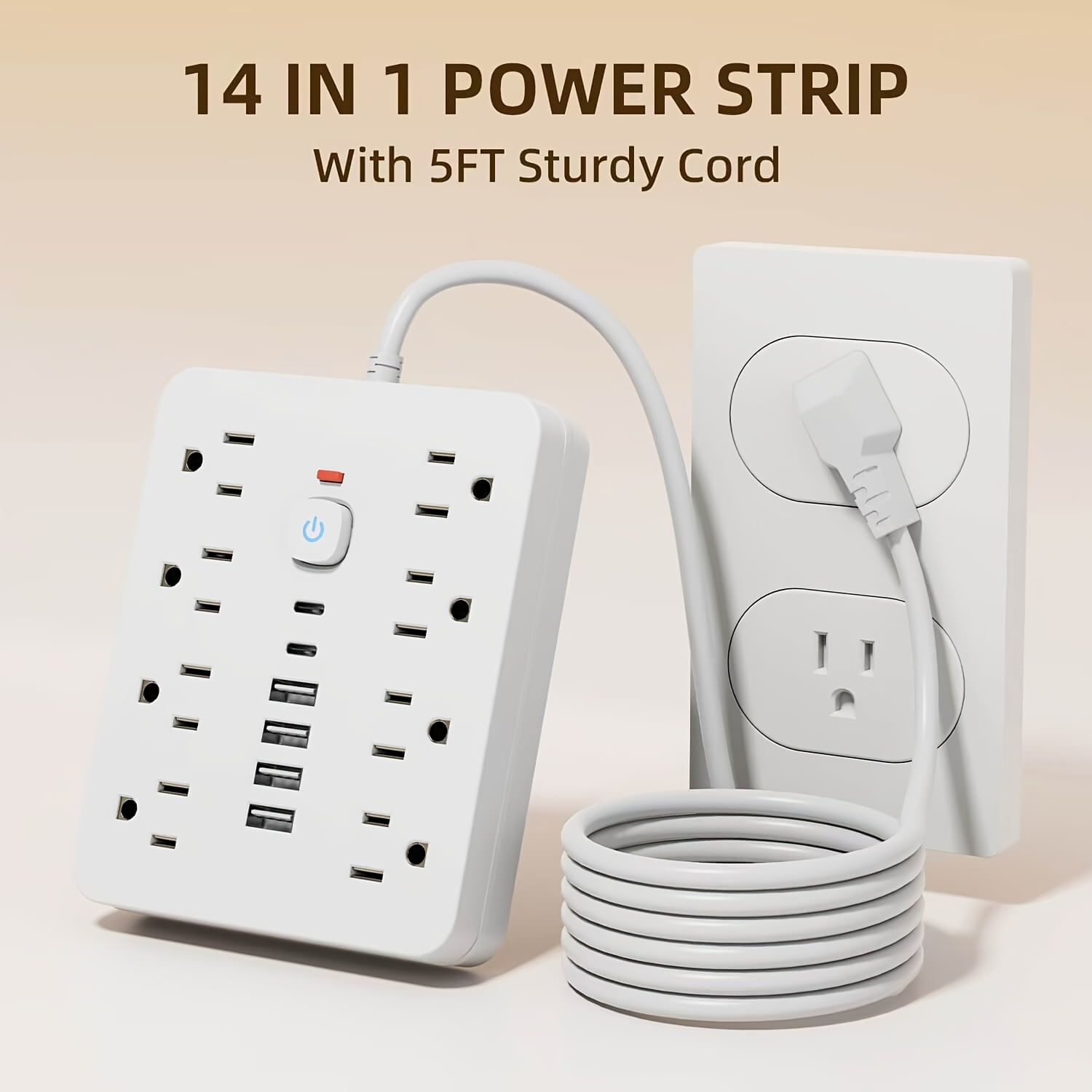 14-In-1 Surge Protector Power Strip Plug With 8 AC Outlets, 4 USB Ports ...