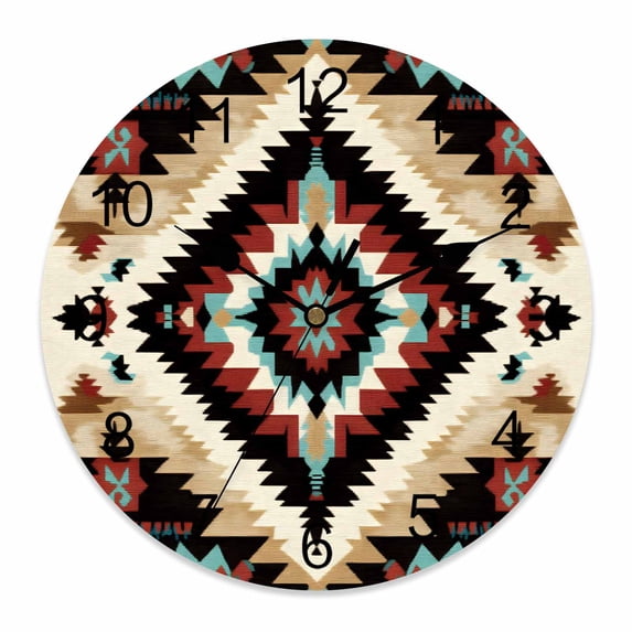 14 Inch Abstract Ethnic Style Art Wall Clock, Retro Brown Green Weaving ...