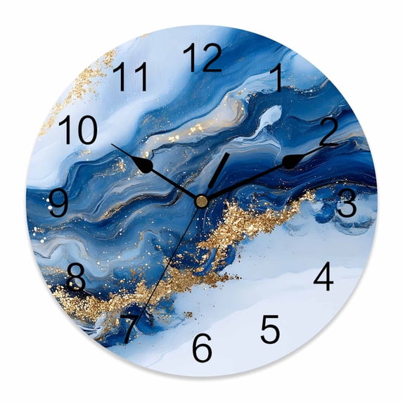 14 Inch Abstract Marble Texture Wall Clock, Waves Gradient Blue Gold ...