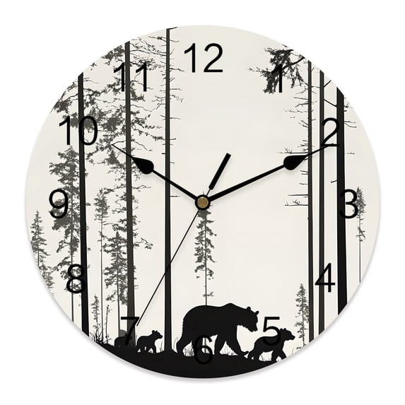14 Inch Abstract Wall Clock, Animal Bear Family Forest Trees Silhouette ...