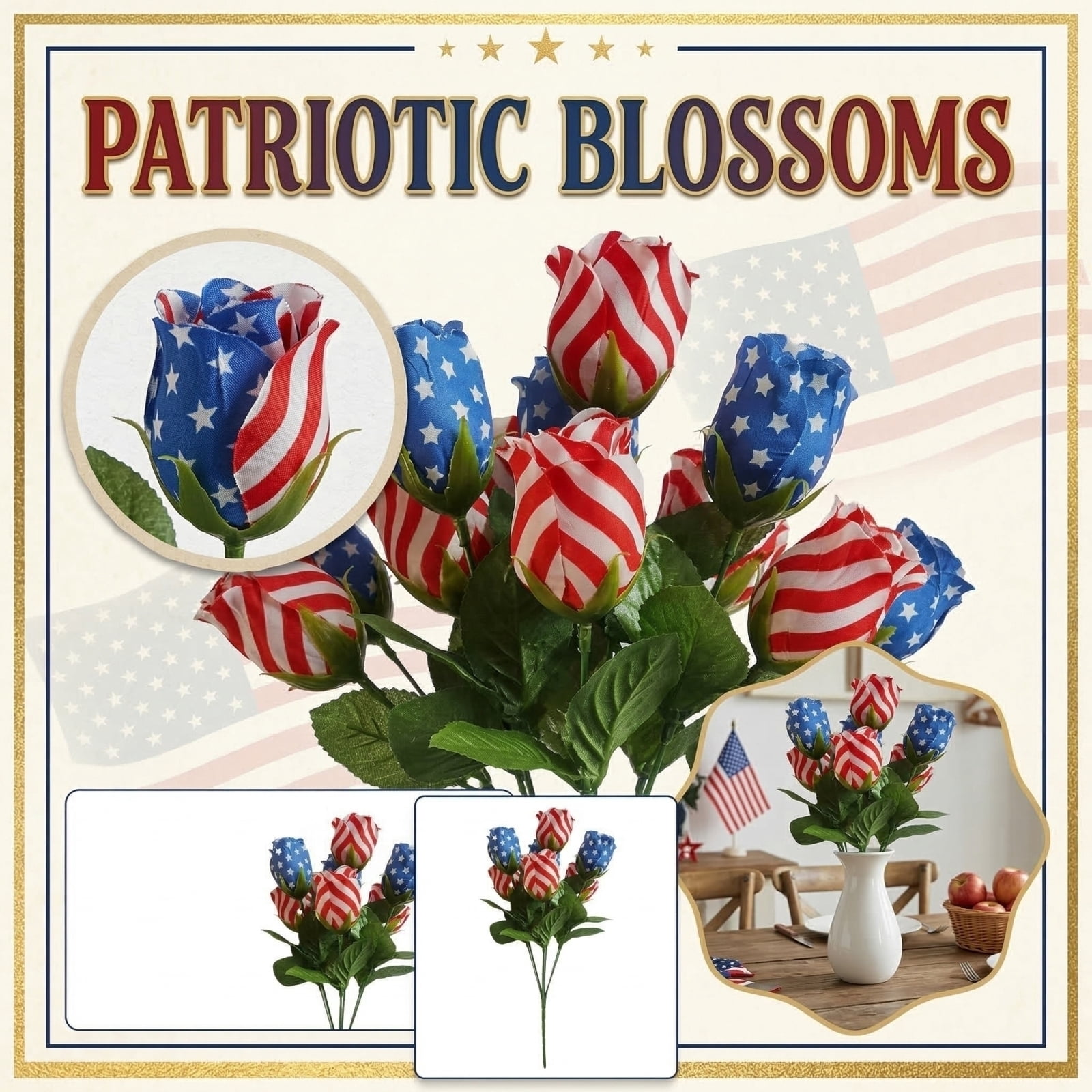 14 Inch Artificial Rose Patriotic-themed Silk Flower, Tricolor American ...