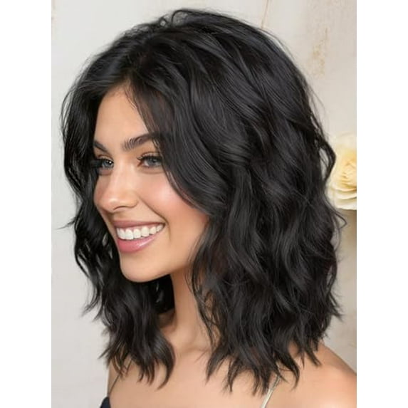 14 Inch Black Wigs for Women - Length Wave Wig with Pre-Cut Lace line ...