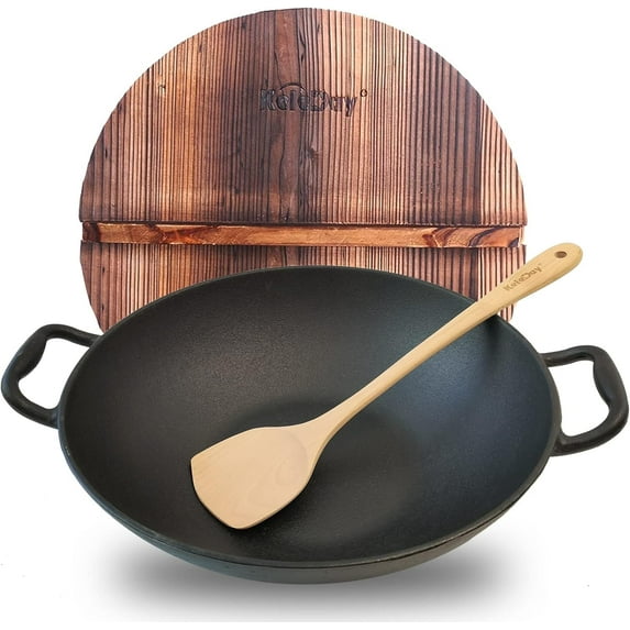 14 Inch Cast Iron Wok with Lid,Pre-Seasoned Nonstick,Flat Bottom ...