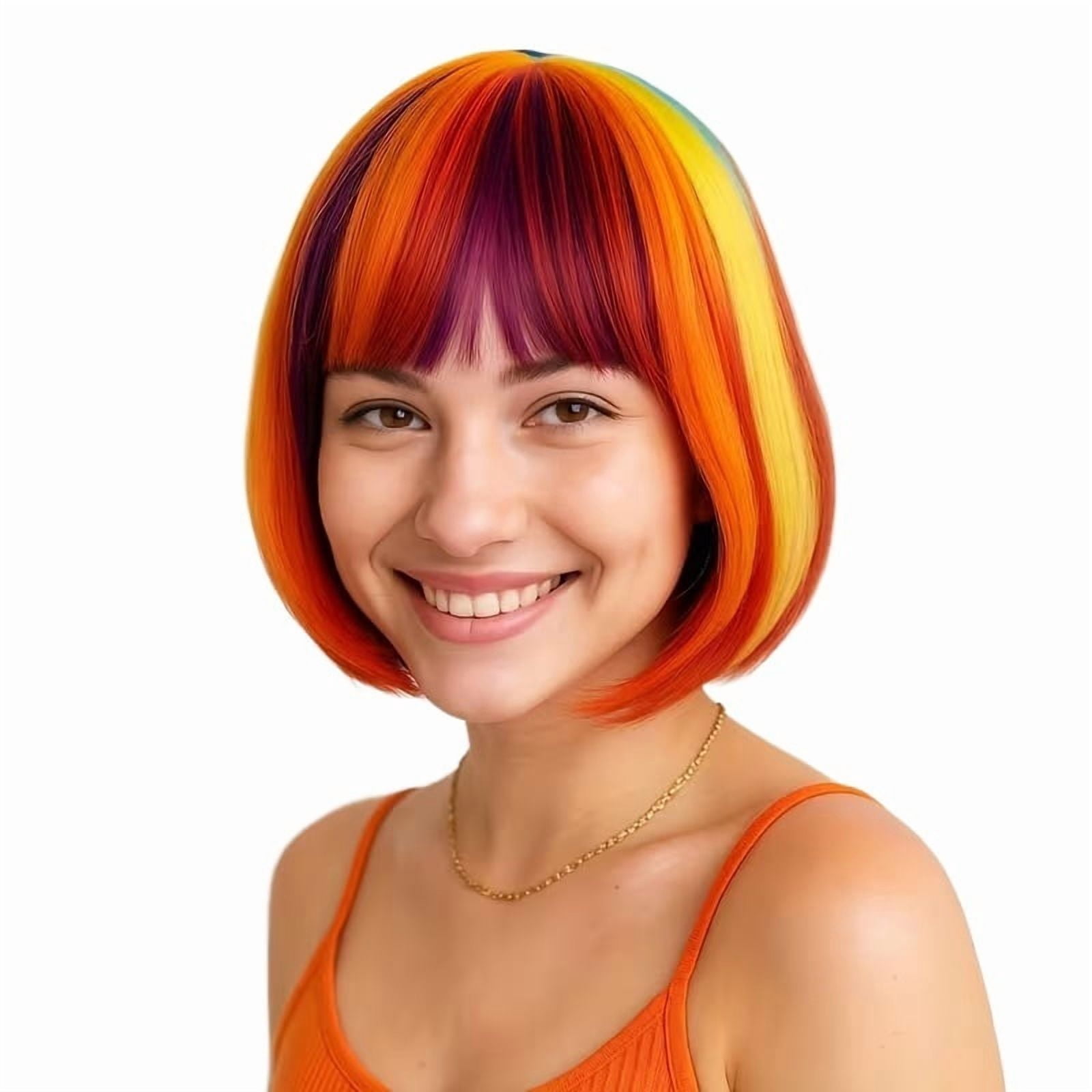 14-Inch Colorful Gradient Synthetic Hair Wig with Bangs - Short ...