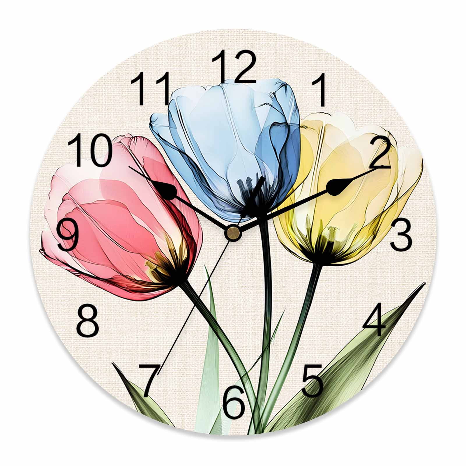 14 Inch Colorful Tulips Wall Clock, Abstract Flowers Vintage Battery ...