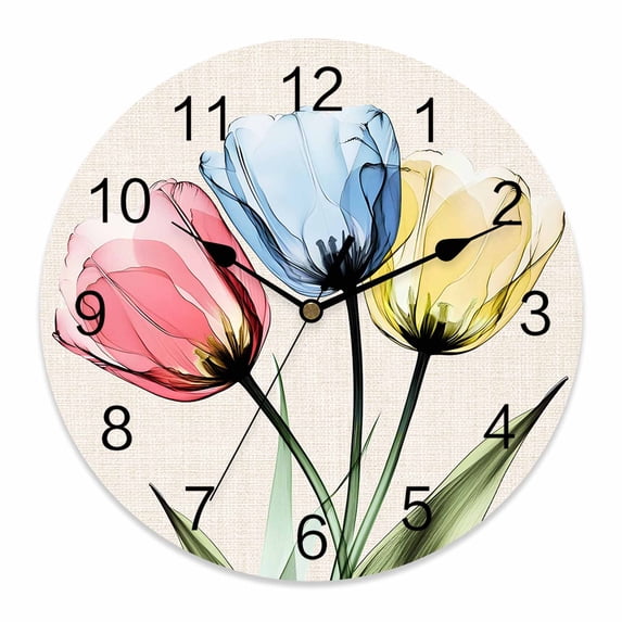 14 Inch Colorful Tulips Wall Clock, Abstract Flowers Vintage Battery ...