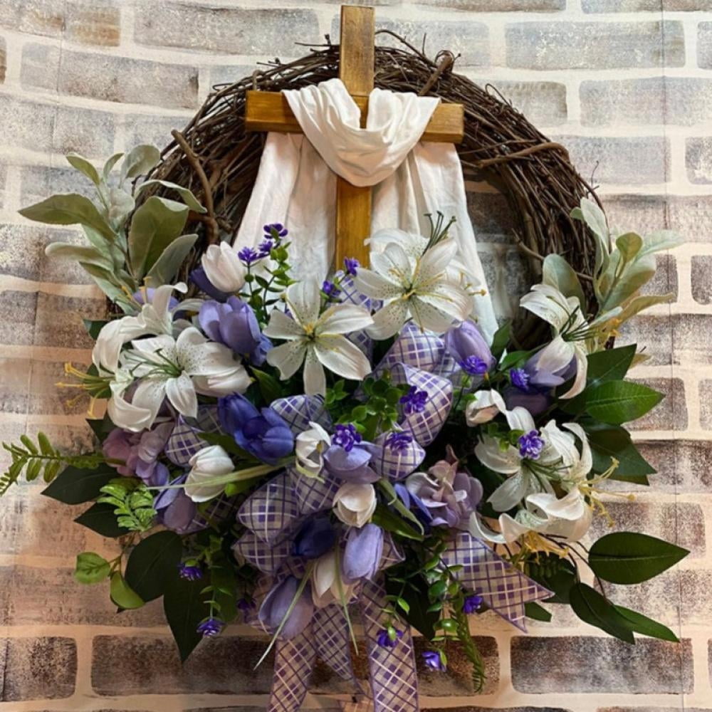 14 Inch Easter Wreath Door Hanging Decoration With Cross Bouquet ...