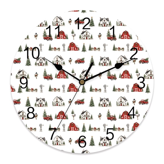 14 Inch Farmhouse Christmas Wall Clock, Rustic Winter Village Red Barn ...