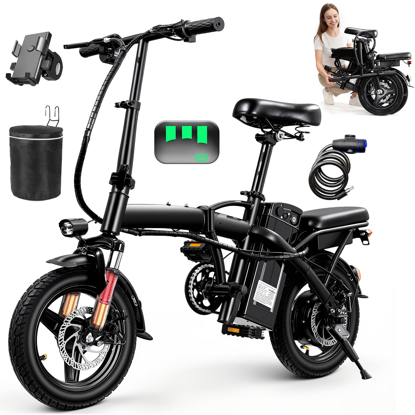 14 Inch Foldable Adult Electric Bicycle, 48V 10Ah 400W Motor, 3-Speed ...