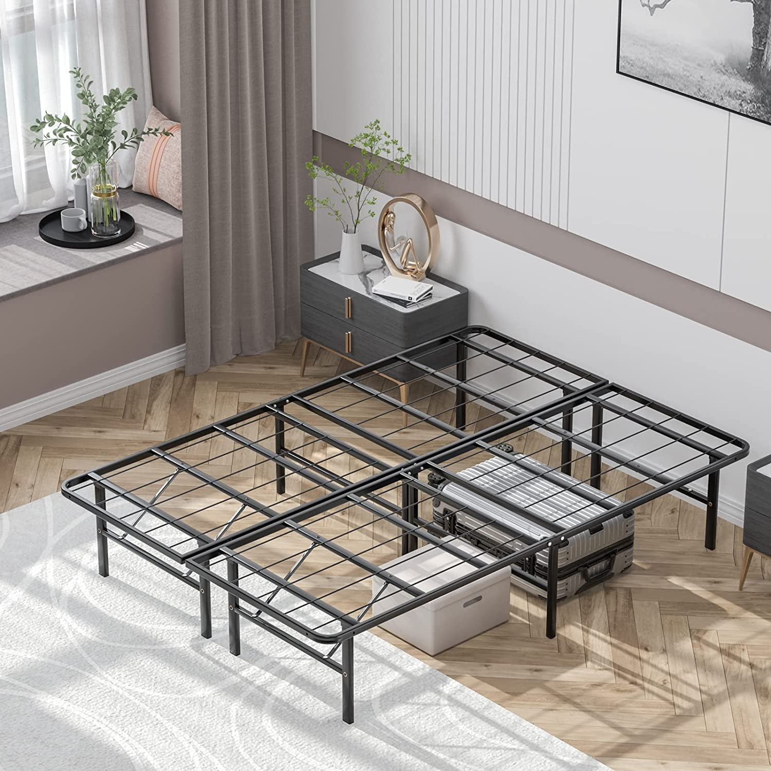 14 Inch Foldable Metal Platform Bed Frame, Tool-Free Assemble, Heavy ...