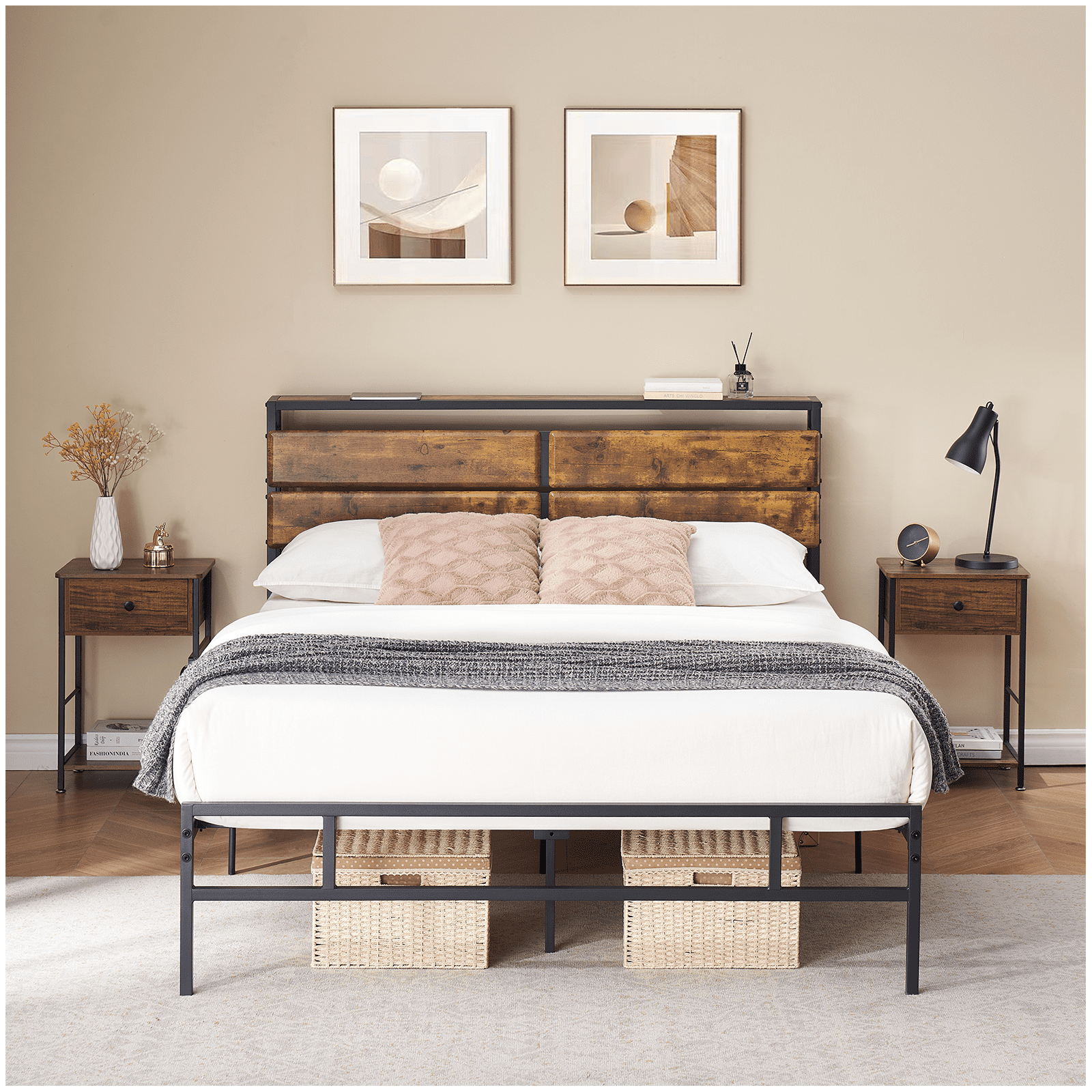 14 Inch Full Size Metal Bed Frame with Wooden Headboard and Storage, No ...
