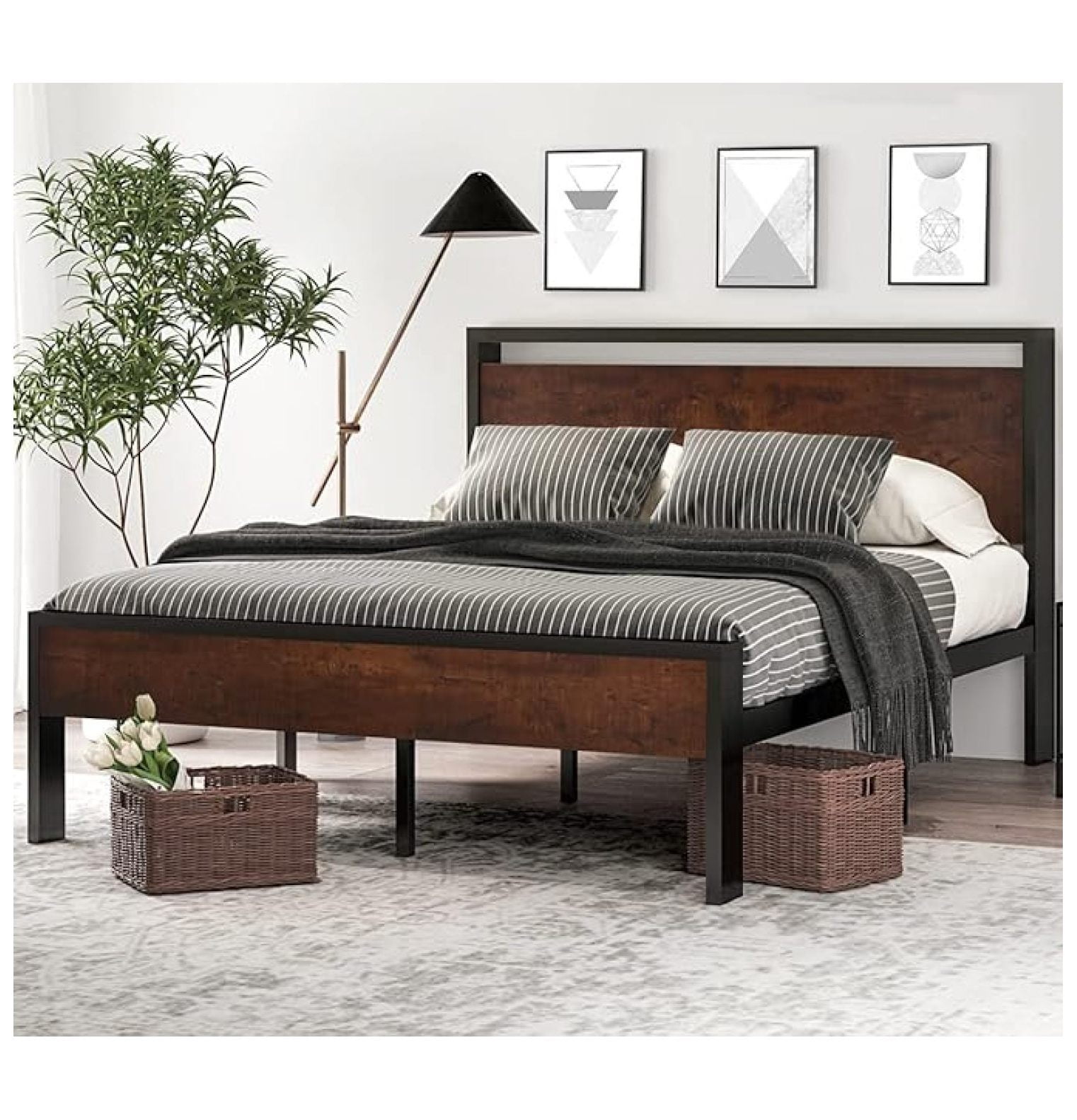 14 Inch Full Size Metal Platform Bed Frame with Wooden Headboard and ...