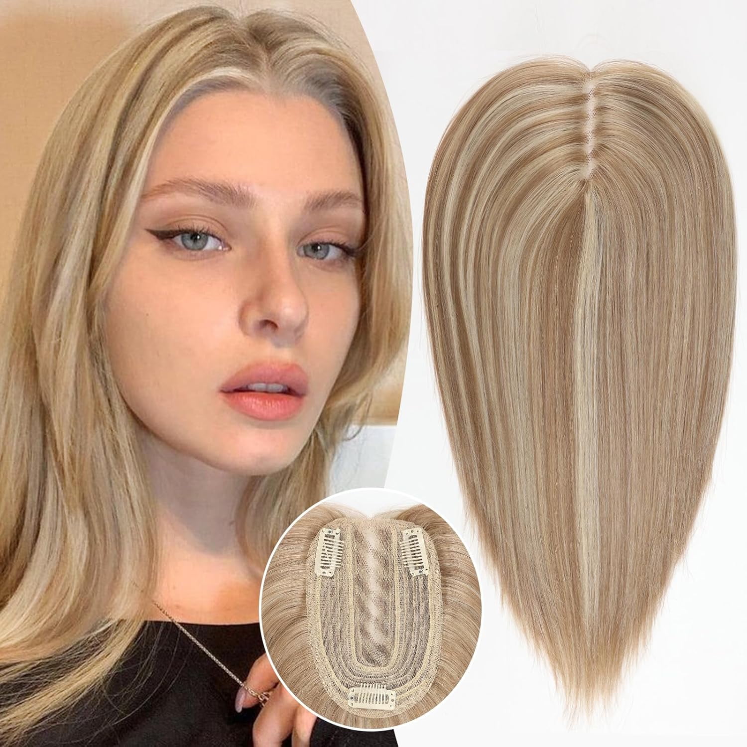 14 Inch Hair Toppers for Thinning Hair, Synthetic Hair Pieces with 3 Non-slip Clips and 5"×3.5 ...