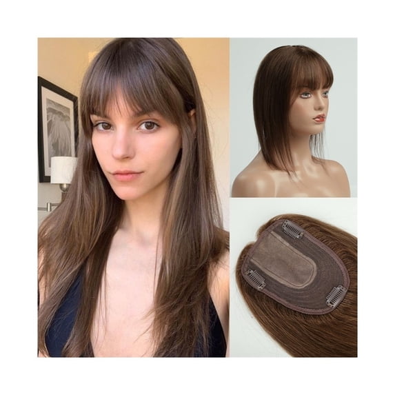 14 Inch Human Hair Topper with Bangs, Natural Brown Remy Hair Pieces ...