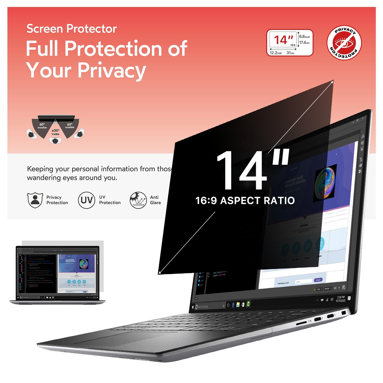 14" Inch Laptop Privacy Screen Filter for 16:9 Widescreen Computer ...