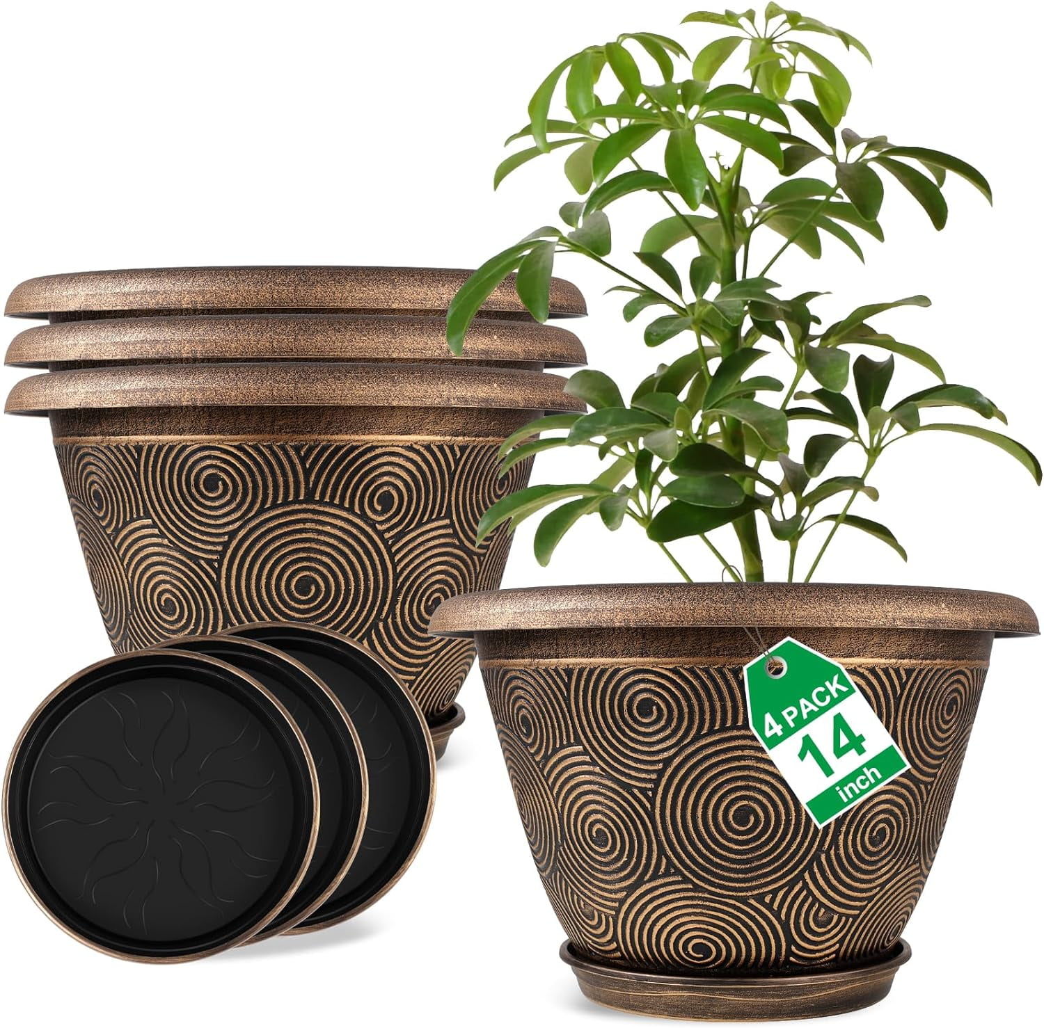 14 Inch Large Planter Pot for Plants Indoor Outdoor, 4 Pack Plastic ...