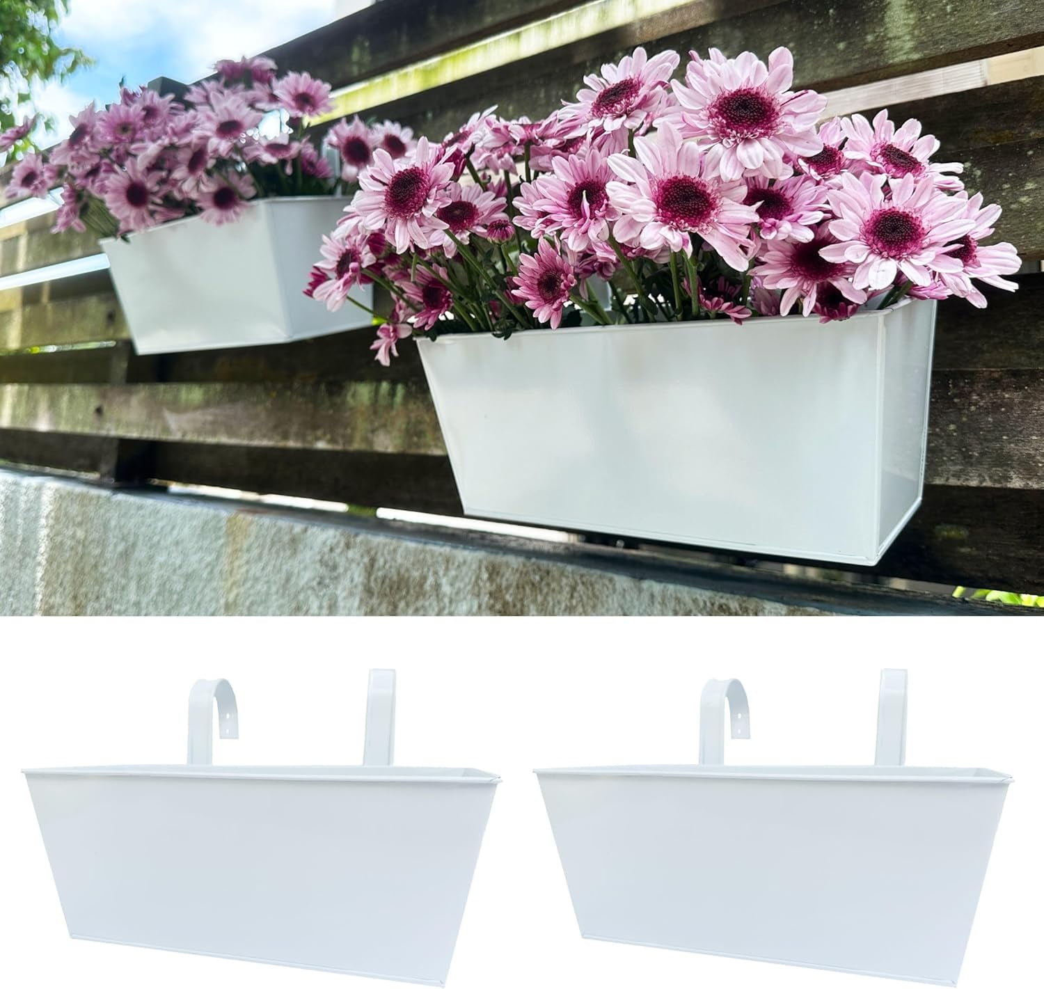 14-Inch Metal Hanging Planters – 2-Pack White Rectangle Railing Box for ...