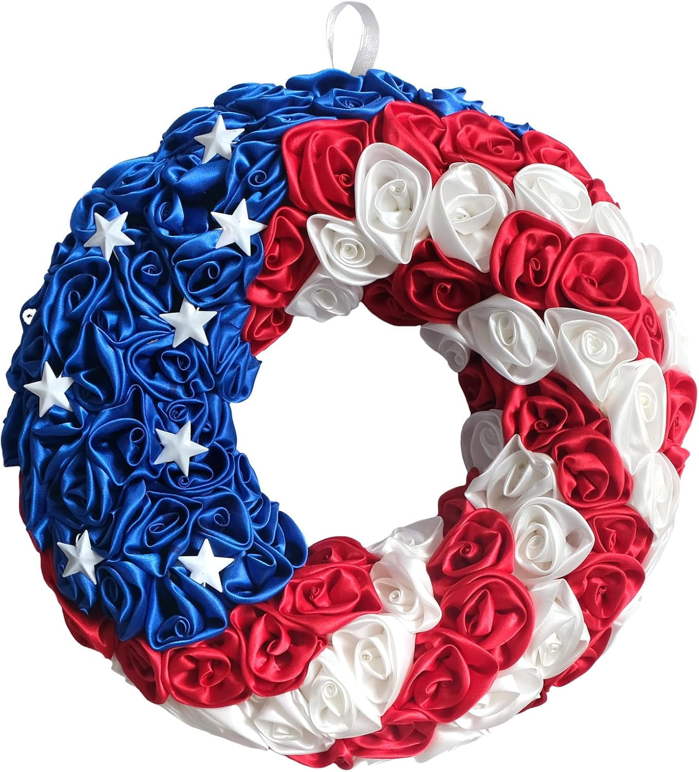 14 Inch Patriotic Roses Handcrafted Wreath, Artificial 4th of July Soft ...