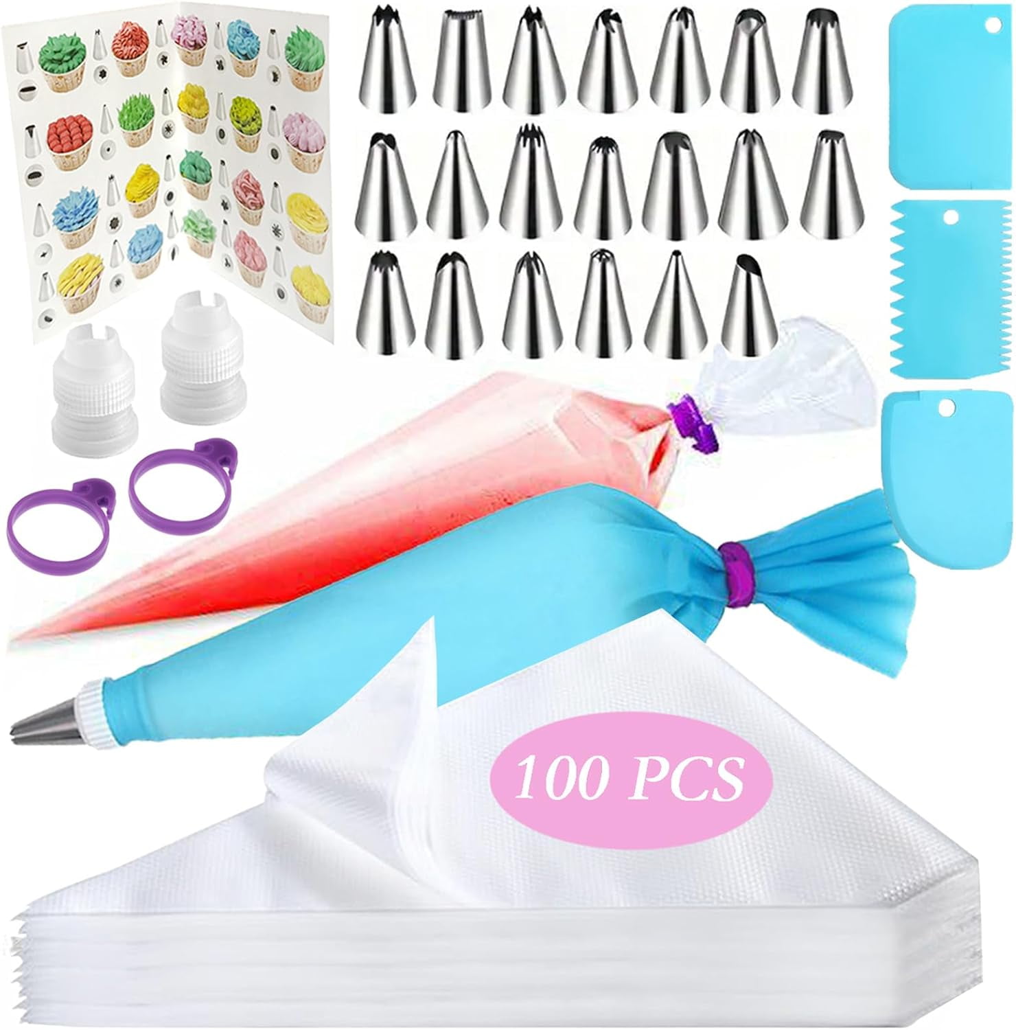 14 Inch Piping Bags with Tips – 100 Count Disposable Icing Bags and ...