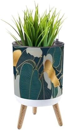 14 Inch Planter Pot with Solid Wood Legs, Luxury Golden Art Nature ...