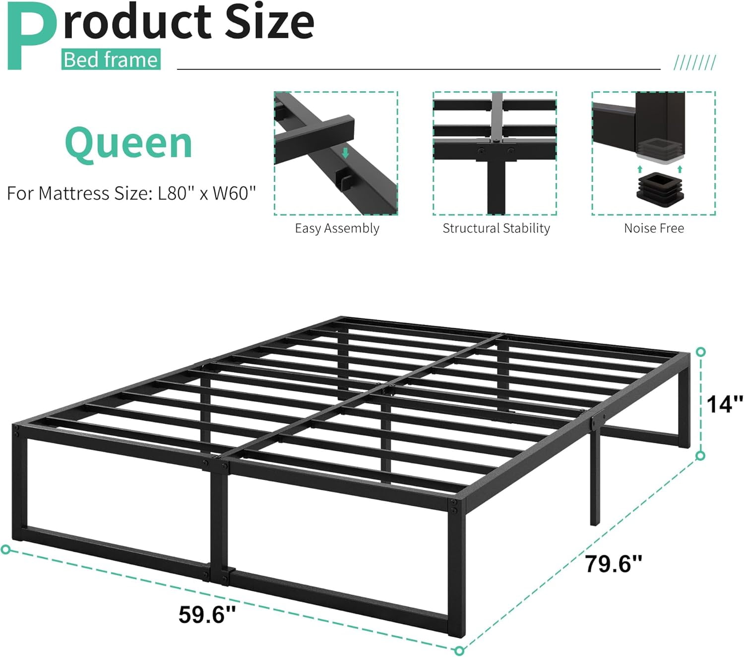 14 Inch Queen Bed Frame Heavy Duty Steel Slat Support Metal Platform ...