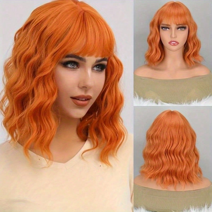 14 Inch Short Bob Wig With Bangs - Vibrant Orange Synthetic Heat ...