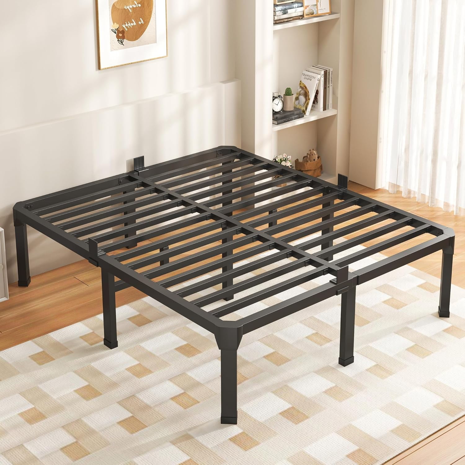 14 Inch Size Bed Frame with Mattress Slide Stopper - Double Black Basic Anti Squeak Slats ...