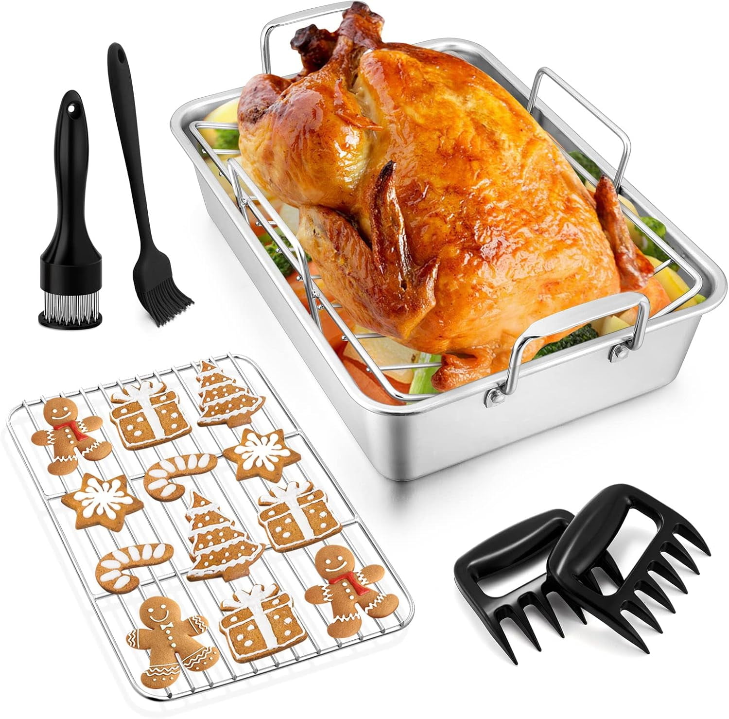14 Inch Small Roasting Pan with Rack, Joyfair Deep Turkey Roaster & V ...