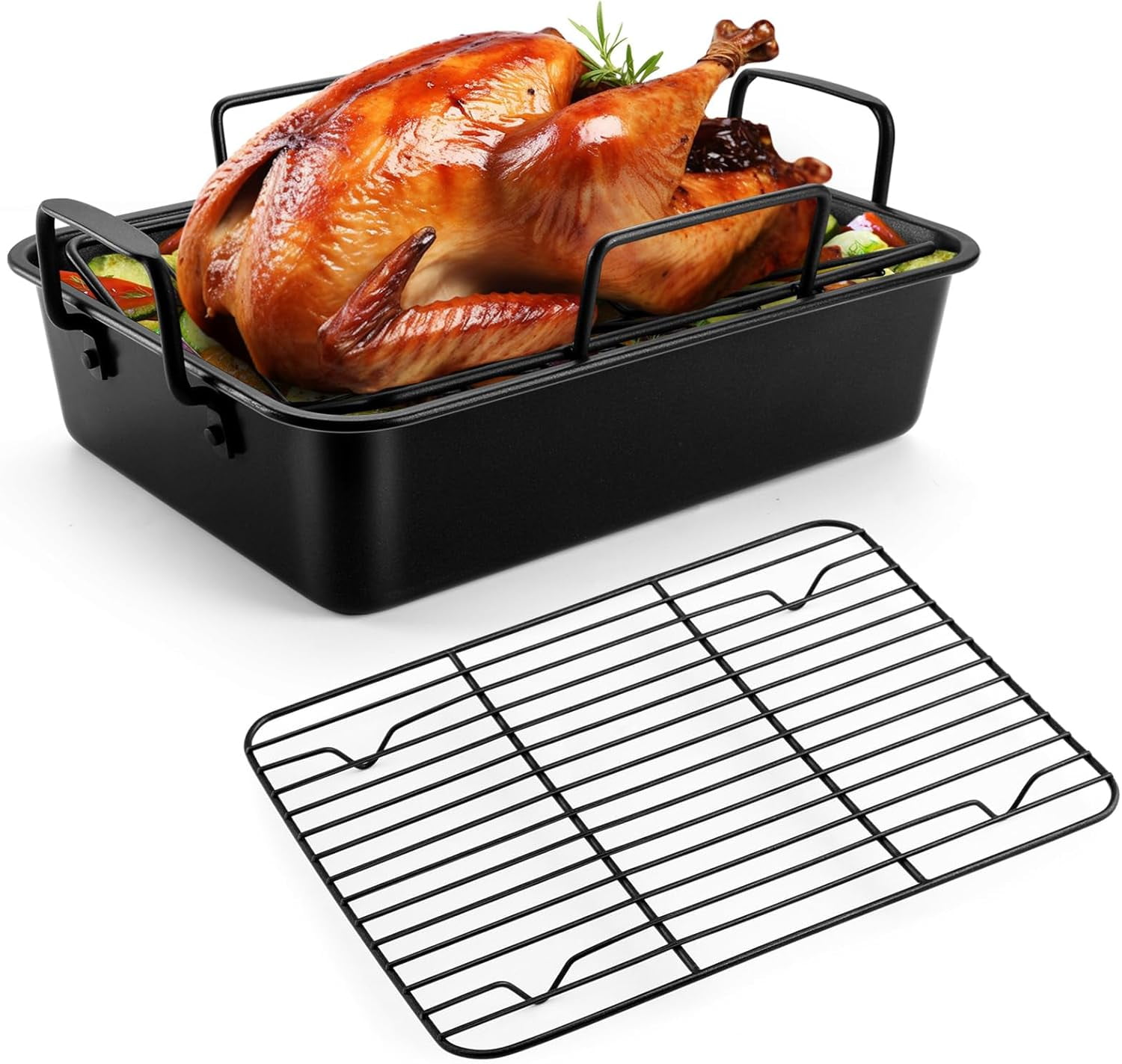 14 Inch Small Roasting Pan with Rack, Joyfair Deep Turkey Roaster & V ...