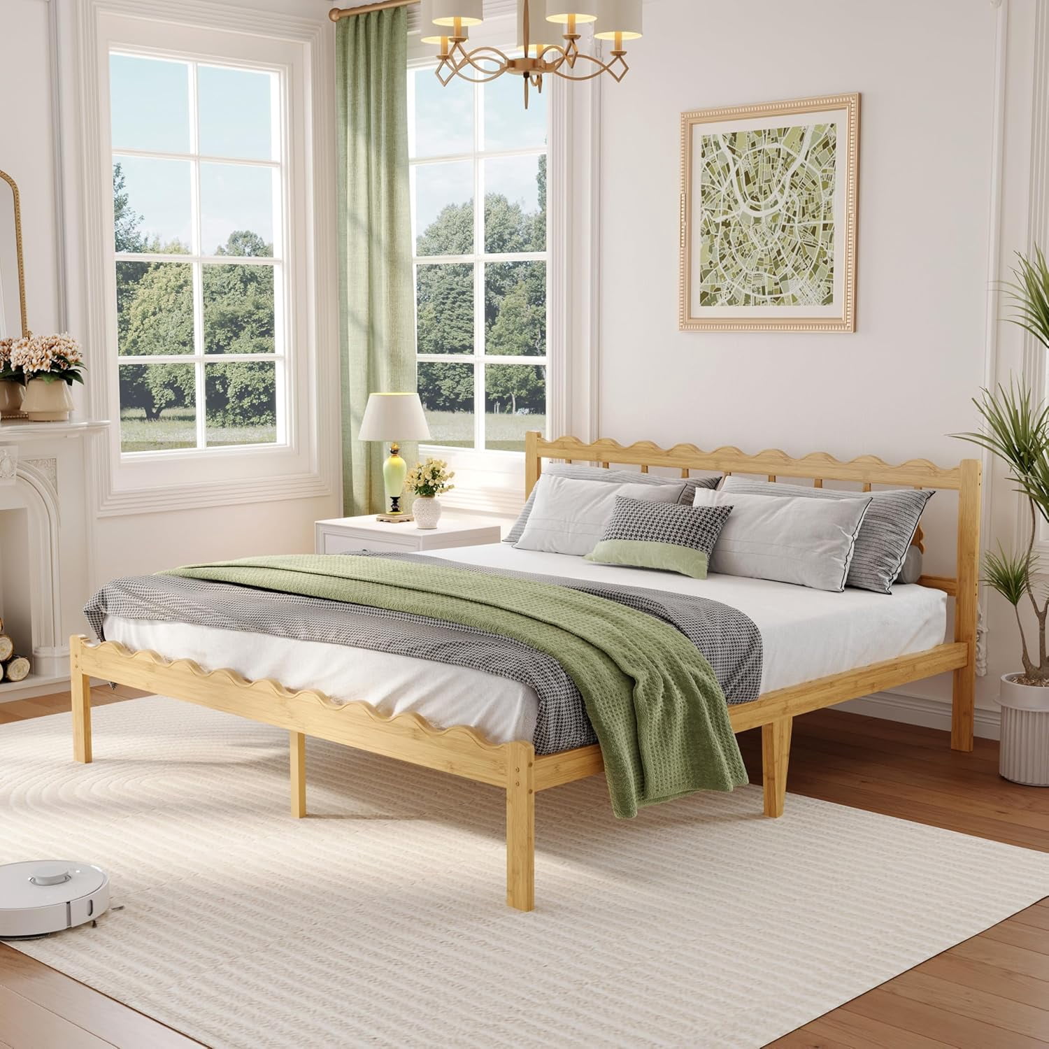 14 Inch Solid Wood King Bed Frame with Wavy Headboard, No Box Spring ...