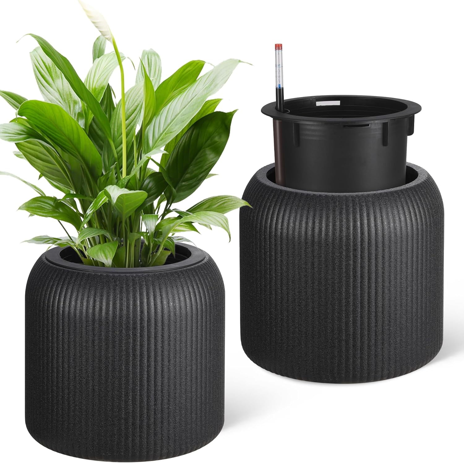 14 Inch Tall Round Planters Set of 2 with a Water Level Monitor, Self ...