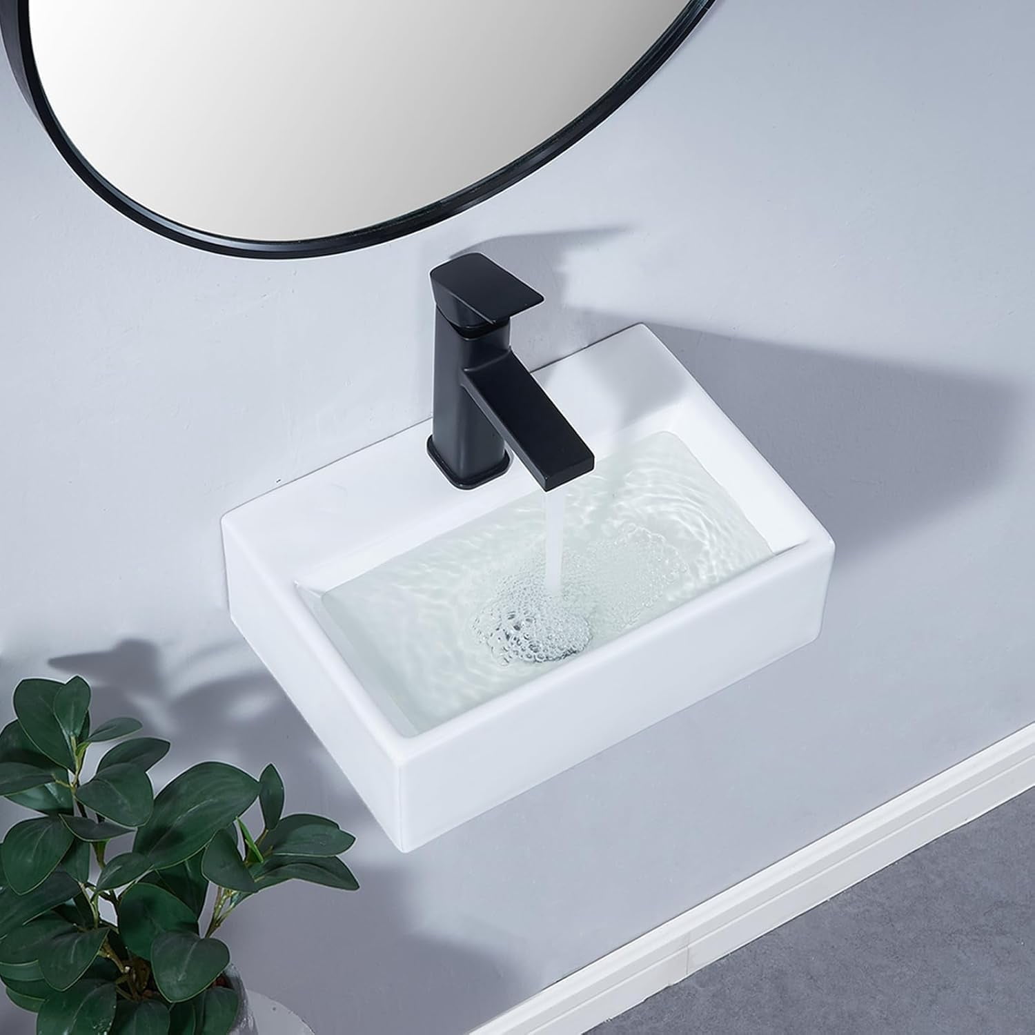 14 Inch Wall Mount Bathroom Sink, One Hole White Rectangular Modern ...