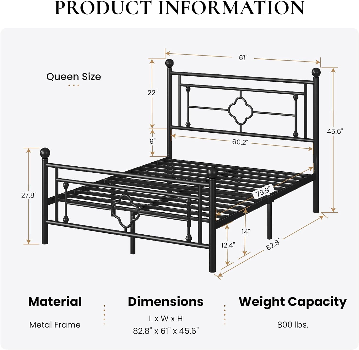 14 Inches Queen Size Metal Platform Bed Frame/Vintage Iron-Art ...
