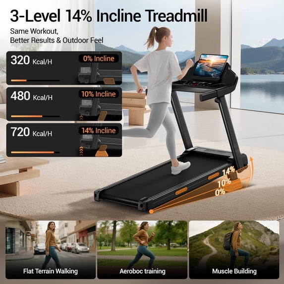 14% Incline Foldable Treadmill with Handle, 3-in-1 Portable Home ...