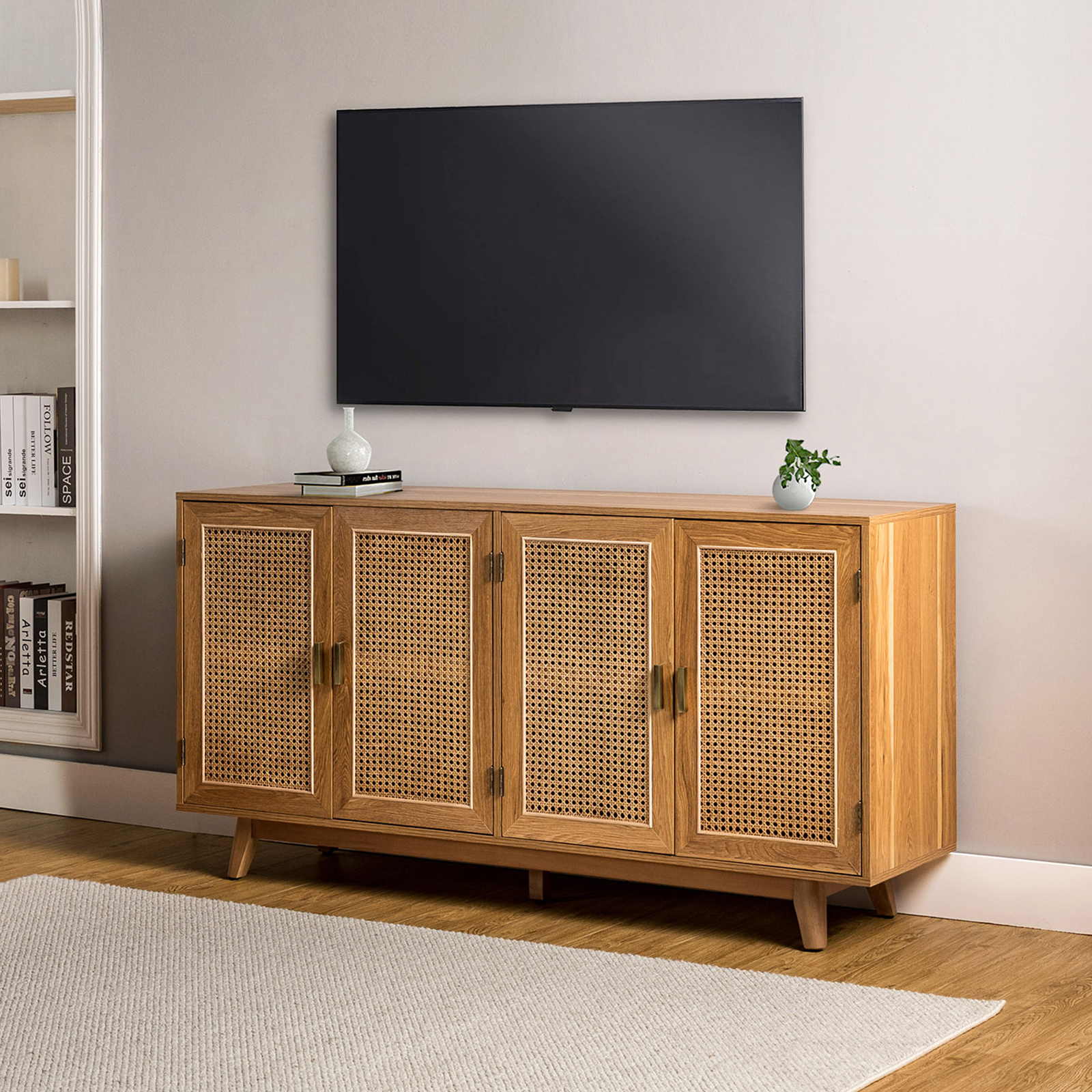 14 Karat Home Wooden Rattan TV Stand Console Table for TVs up to 65 ...