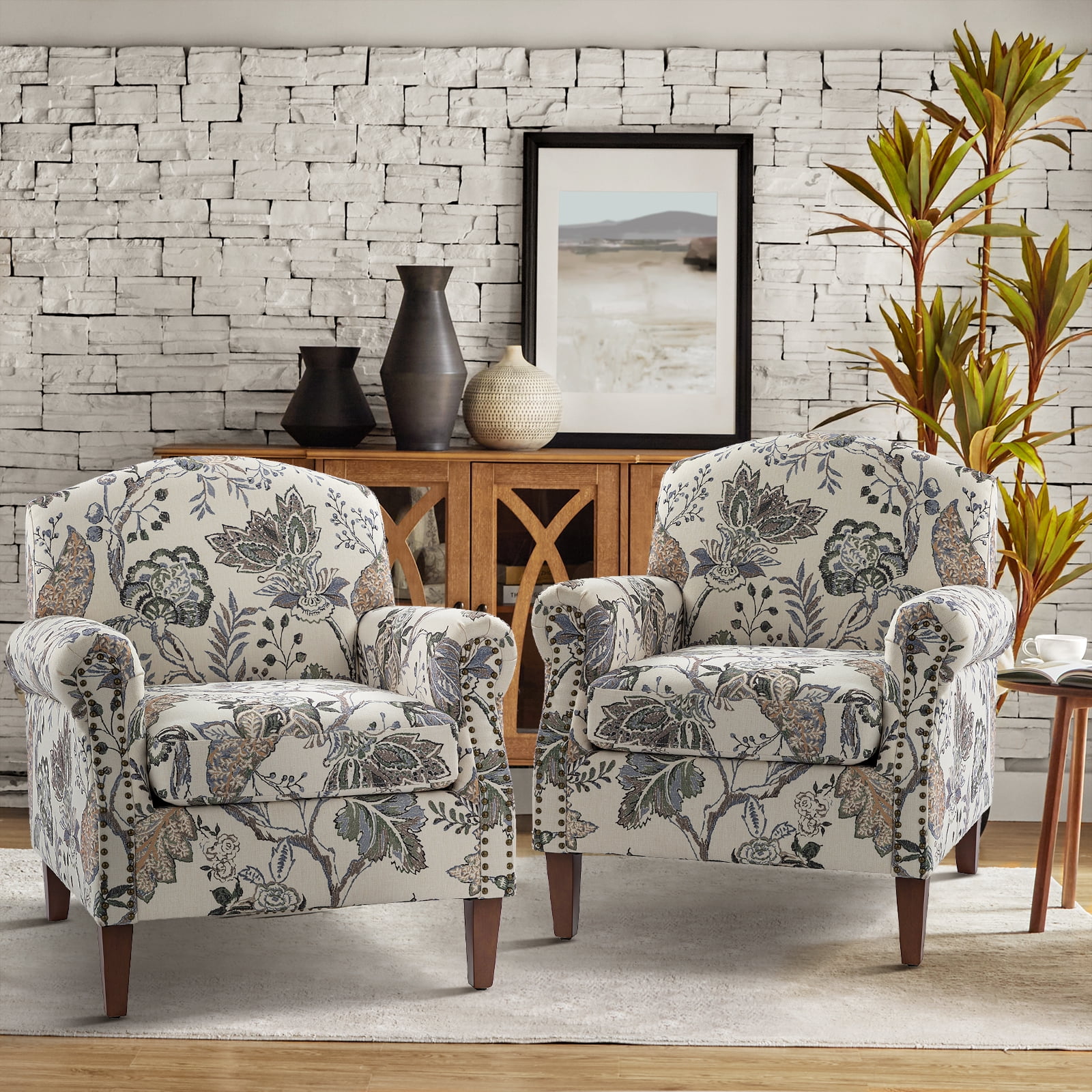 14 Karat Home Damask Floral Pattern Armchairs set of 2 Wooden ...